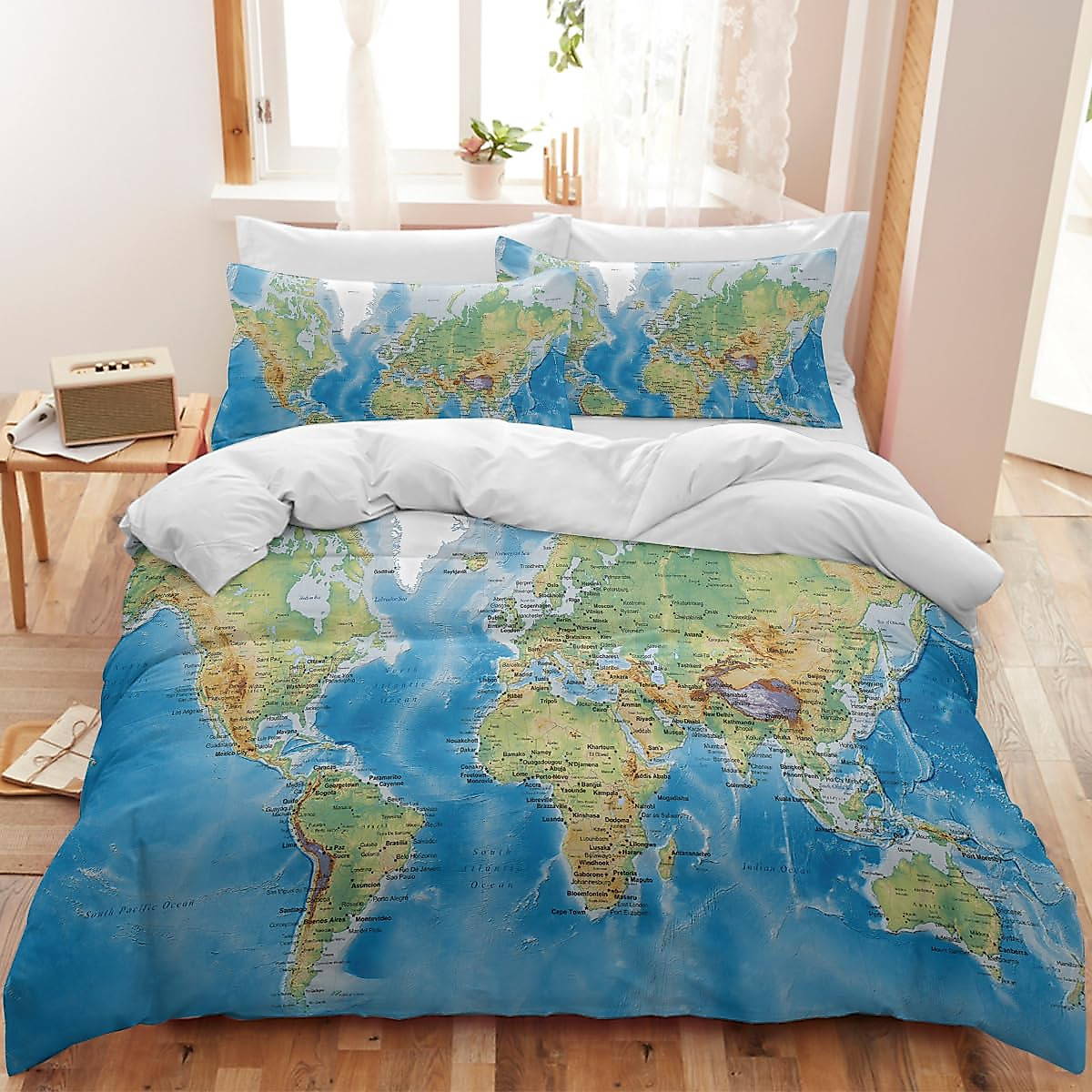 Sleepwish World Map Bedding Duvet Cover Set for Kids Vivid Printed Childrens Bedding Full Size Bedspread