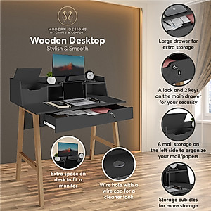 Modern Design Roma Small Desk for Bedroom, 40 inch Black Writing Desk with Hutch and Locking Drawer, by Crafts and Comfort