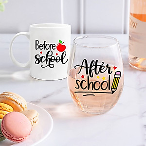Teacher Appreciation Gifts Set Before School After School 11Oz Coffee Mug 20 Oz Stemless Wine Glass Teacher Retirement Gift First Day of School Birthday Present Back To School Christmas Thanksgiving