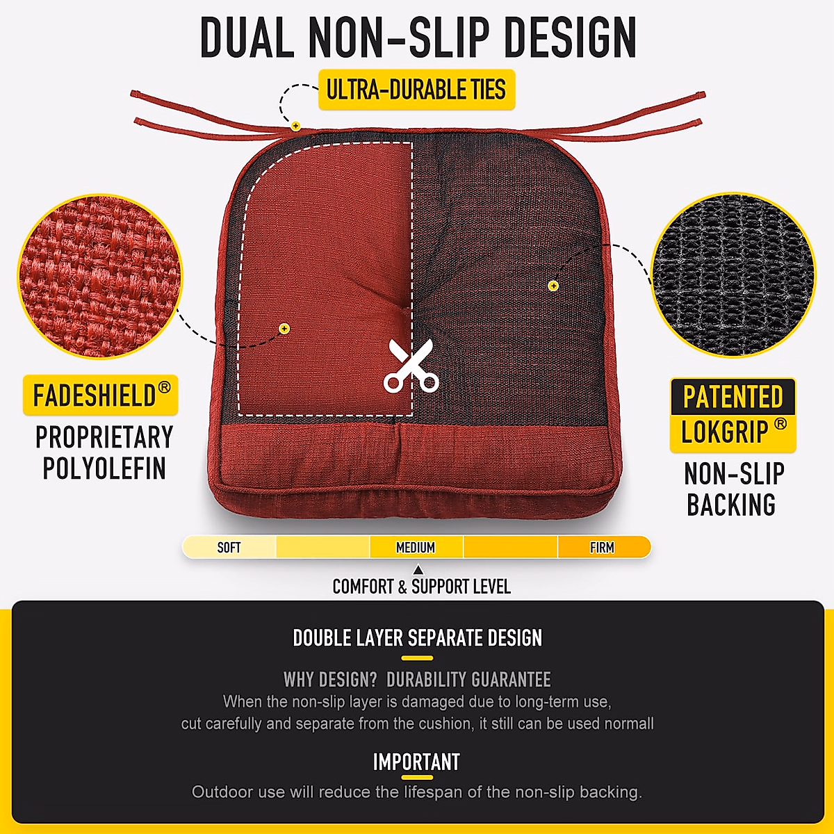 SUNROX Memory Foam Non Slip Rocking Chair Cushion, FadeShield Water Resistant Thicken Durable Tufted Pads, Set of Seat & Back Cushion with Ties for Indoor/Outdoor Rocker, 2 Piece, Burgundy