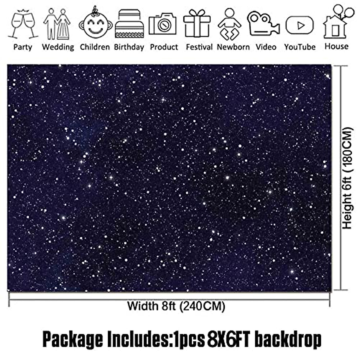HQM 8x6FT Soft Fabric/Polyester Backdrop Night Sky Star Universe Space Starry Photo Background Boy or Girl Birthday Party Decor Banner