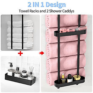 STWWO Bathroom Towel Storage, 36.4 Inch Towel Racks for Bathroom Wall Mounted with Shower Caddy with Metal Shelf, Black
