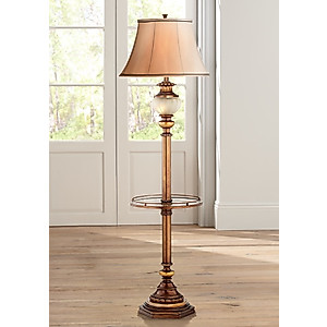 kathy ireland Hyde Park Rustic Vintage Floor Lamp with Nightlight Glass Tray 65" Tall Bronze Gold Metal Pearl White Frosted Glass Fabric Bell Shade for Living Room Reading House Bedroom Home