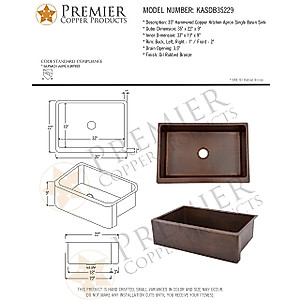 Premier Copper Products KASDB35229 35-Inch Copper Hammered Kitchen Apron Single Basin Sink, Oil Rubbed Bronze
