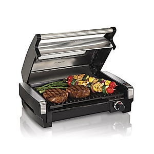 Hamilton Beach Electric Indoor Searing Grill with Adjustable Temperature Control to 450F, 118 sq. in. Surface Serves 6, Removable Nonstick Grate, Viewing Window, Stainless Steel