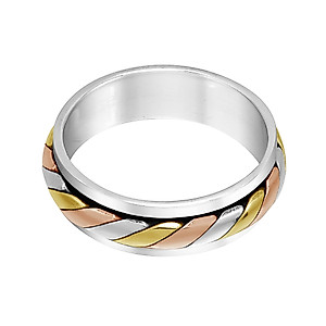 AeraVida Everyday Single Braid Tri Color Tone .925 Sterling Silver Band Ring (7) | Elegant Band Ring for Women | Fashion Jewelry