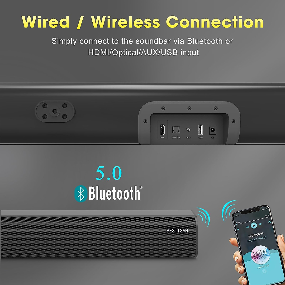 BESTISAN 100W Sound Bars for TV, Sound Bar with Bluetooth, HDMI-ARC, Optical, AUX Input,Soundbar Sound System for TV Speakers,Home Theater, Projectors