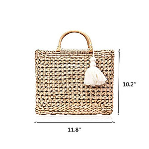 QTKJ Fashion Women Summer Straw Crossbody Bag with Cute Tassels Pendant, Hand-Woven Beach Shoulder Bag with Top Wooden Handle Tote Bag (Khaki)