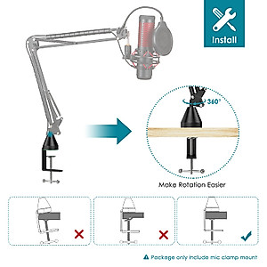 YOUSHARES Table Mount Clamp for Mic - Boom Arm Clamp for Microphone Arm Stand with Adjustable Screw, the Maximum Gap is 6cm/2.36 inch