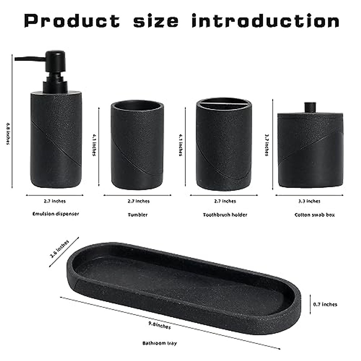 Bathroom Accessories Set, 5PCS Modern Bathroom Accessory Set with Tray, Mouthwash Cup & Toothpaste Holder & Qtip Holder, Soap Dispenser (Black)