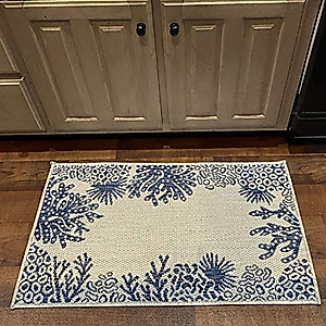 Lr Home Ox Bay Seamas Coastal Bordered Coral Reef Indoor/Outdoor Rug, White/Navy, 1'10" x 3'0"