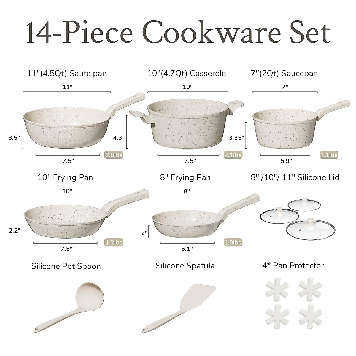 Kilay 14pcs Pots and Pans Set, Nonstick Cookware Sets, White Granite Induction Kitchen Cooking Set with Frying Pans & Saucepans