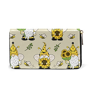 Seamless Pattern with Yellow Gnomes, Bees and Sunflowers Leather Long Wallet Organizer with Zipper Purse Clutch Bag for Women Men Key Card Coin Passport Checkbook