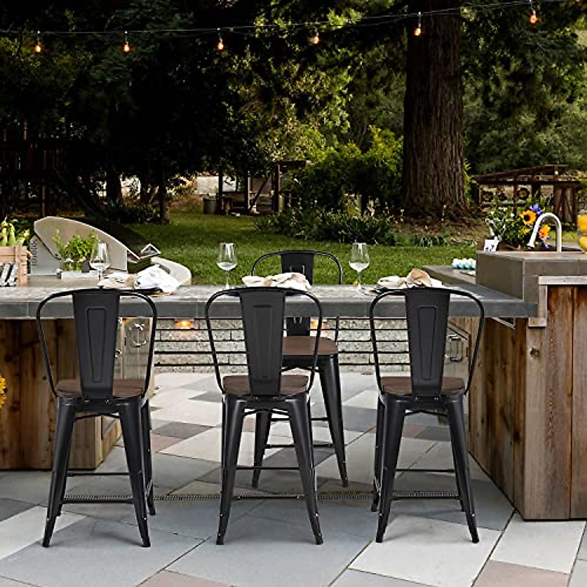 Yaheetech 24Inch Seat Height Style Dining Stools Chairs with Wood Seat/Top and High Backrest, Industrial Metal Counter Height Stool, Modern Kitchen Dining Bar Chairs Rustic, Black, Set of 4