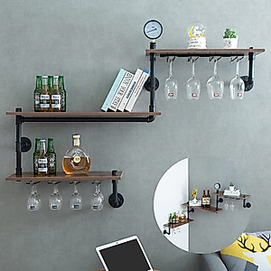MAIKAILUN Wine Rack Wall Mounted Corner 3 Tier, Hanging Floating Small Mini Bar Liquor Shelves with Glass Holder Storage Under, Industrial Rustic Pipe Farmhouse Kitchen Decor Black
