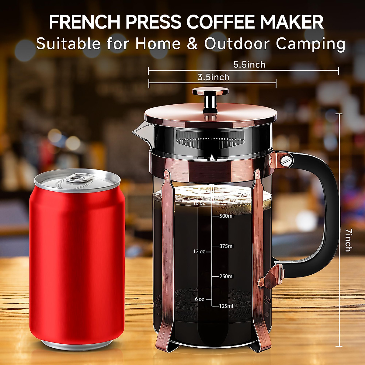 YMMIND French Press Coffee Maker 304 Stainless Steel Coffee Press,with 4 Filters System, Heat Resistant Thickness Borosilicate French Press Glass, BPA-Free Brewed Tea Pot Coffee Plunger