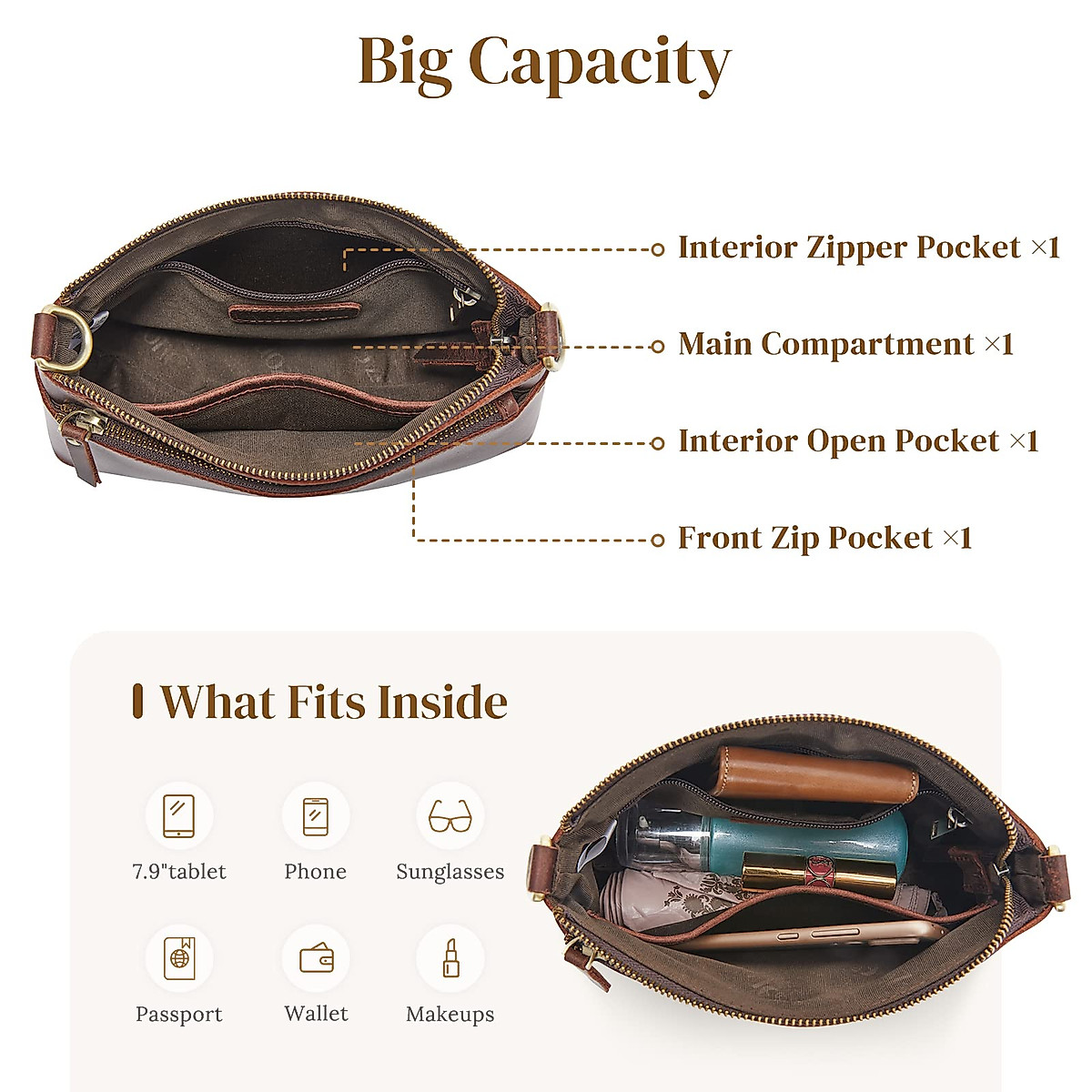 Women Vintage Genuine Leather Tote Bag with Small Leather Purse