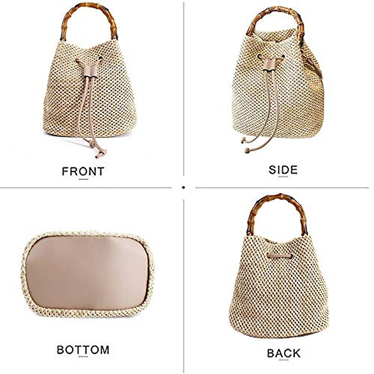 ZLM BAG US Drawstring Straw Bucket Bag Bamboo Joint Handle Tote Purse Pu Leather Strap Crossbody Shoulder Bag