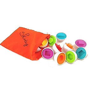 Skoolzy Shapes Matching Egg Toy 6 pc Set, Easter Egg Basket Toys for Toddlers, Montessori Sensory Bin Toy for Preschool Kids & Blind Children Learning Shape Sorting, with Bag & eBook