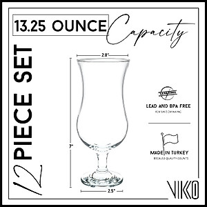 Vikko Hurricane Glasses, Set of 12 Pina Colada Glasses, 13.25 Ounce Cocktails Glasses Set, Durable Dishwasher Safe Party Glass