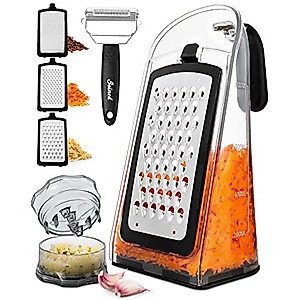 Joined Cheese Grater with Garlic Crusher - Box Grater Cheese Shredder - Cheese Grater with Handle - Graters for Kitchen Stainless Steel Food Grater - Garlic Mincer Tool and Vegetable Peeler