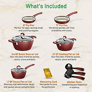 NutriChef Non-Stick Kitchenware Pots & Pans-11 Pcs. Stylish Kitchen Cookware Set w/Elegant Diamond Pattern, Gray Inside & Red Outside, Metal, Silicone Handle, PTFE/PFOA/PFOS Free, Red