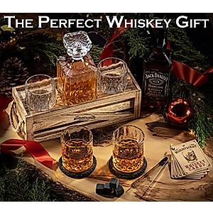 Whiskey Stones Gift Set for Men | Whiskey Decanter with Glasses Set and Wood Stand, 6 Granite Whiskey Chilling Stones and 10oz Whiskey Glasses | Whiskey Decanter Set For Men, Dad, Husband, Boyfriend