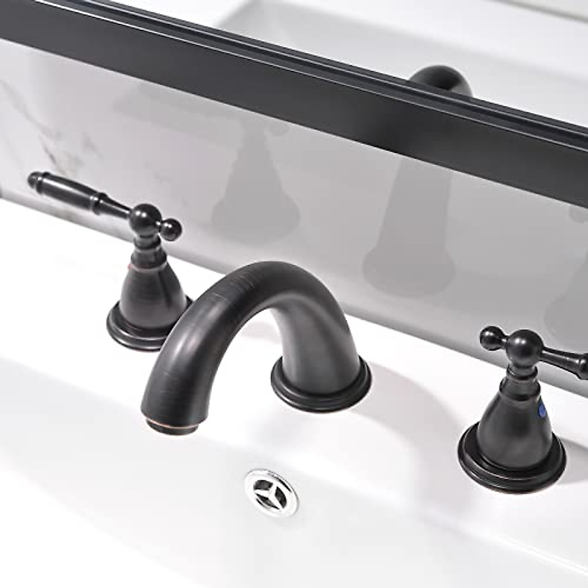 Phiestina 8 Inch 3 Hole Oil Rubbed Bronze Widespread Bathroom Faucet,Lavatory 2 Handles Vanity Sink Faucet with Copper Pop Up Drain, WF008-4-ORB