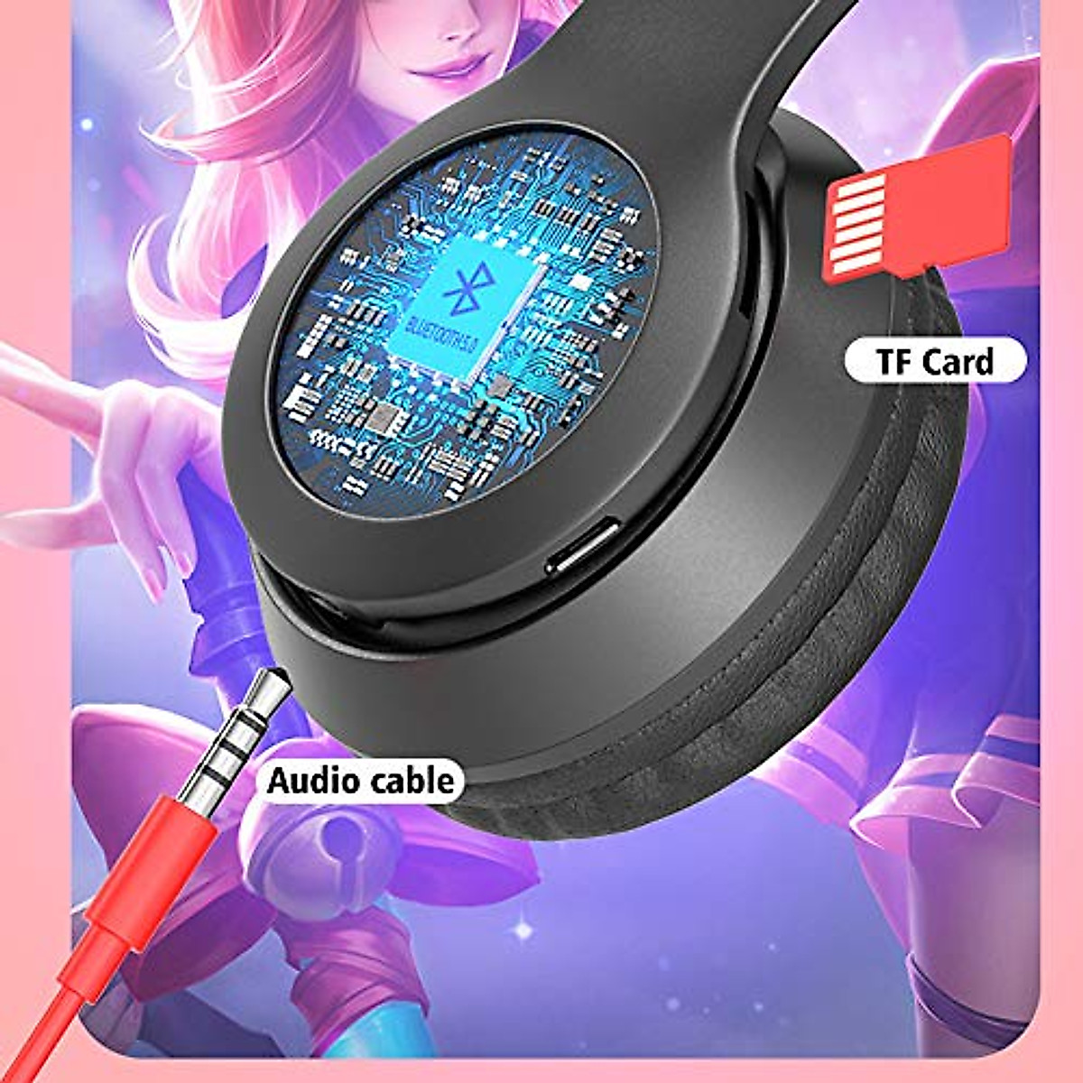 Kids Headphones, Cat Ear LED Light Up Bluetooth 5.0 Foldable Wireless Gaming Headset for Kids Adult, Comfortable Built-in Mic Noise Cancelling Over Ear Headphones(Purple)