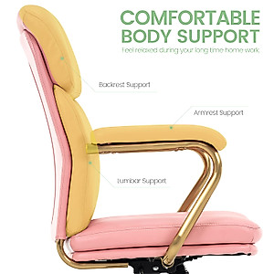 MFD LIVING Home Office Chair, Modern Upholstered Mid-Back PU Leather Task Desk Chair with Arms, Adjustable Rocking Swivel Computer Chair with Wheels (Pink)