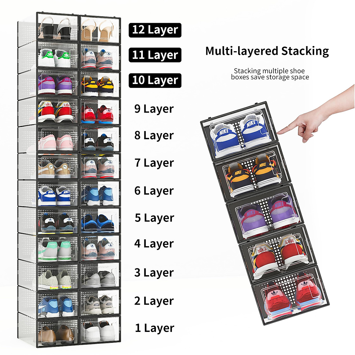 12 Pack Shoe Storage Bins, Clear Plastic Stackable Shoe Organizer for Closet, Space Saving Foldable Shoe Rack, Shoe Box Sneaker Holder Container, Black Frame
