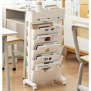 HACLEN 6 Tier Rolling Cart, Mobile Bookshelf with Wheels, Bookshelf Organizer with 3 Drawer,Storage Display Shelves, for Living Room, Kitchen,White