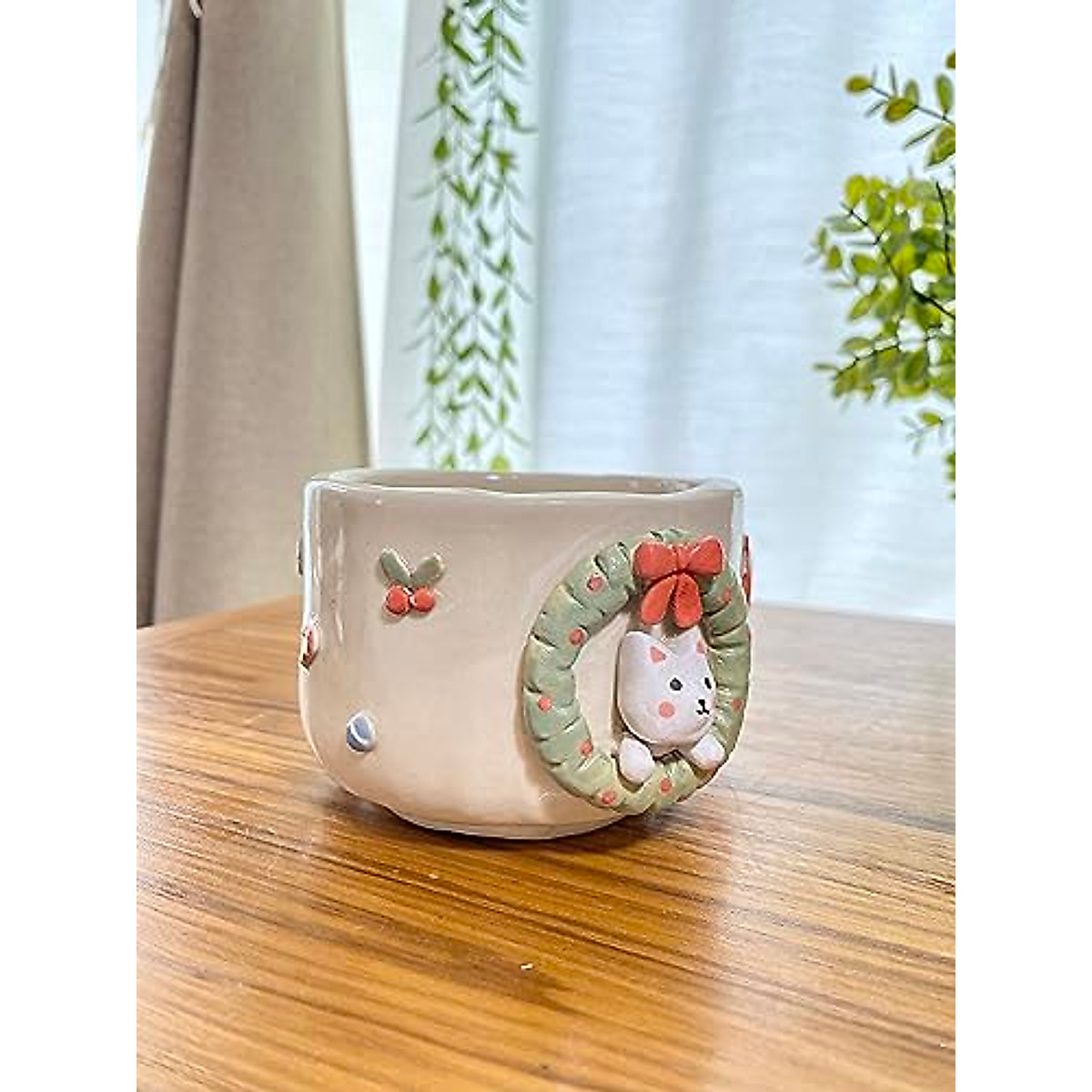 Christmas and the santa cat cup. Handmade ceramic cup, Hand-painted mug, Unique Surprise gift for Christmas or Birthday. Dishwasher and Microwave safe