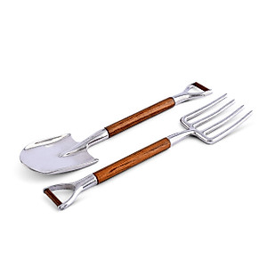 Vagabond House Pewter Metal Fork & Shovel Head with Acacia Wood Salad Serving Set Garden Set Serving Tools 11 inch Long