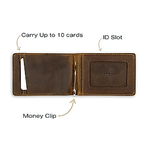 Andar The Apollo Leather Slim RFID Blocking Minimalist Bifold Wallet with Money Clip and ID Slot made of Full Grain Leather Elastic Pull Tab (Saddle Brown)
