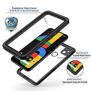 Lanhiem Pixel 4a Case, IP68 Waterproof Dustproof Shockproof Case [NOT Fit 5G Version] with Built-in Screen Protector, Full Body Underwater Protective Cover for Google Pixel 4a (4G Only), Black/Clear