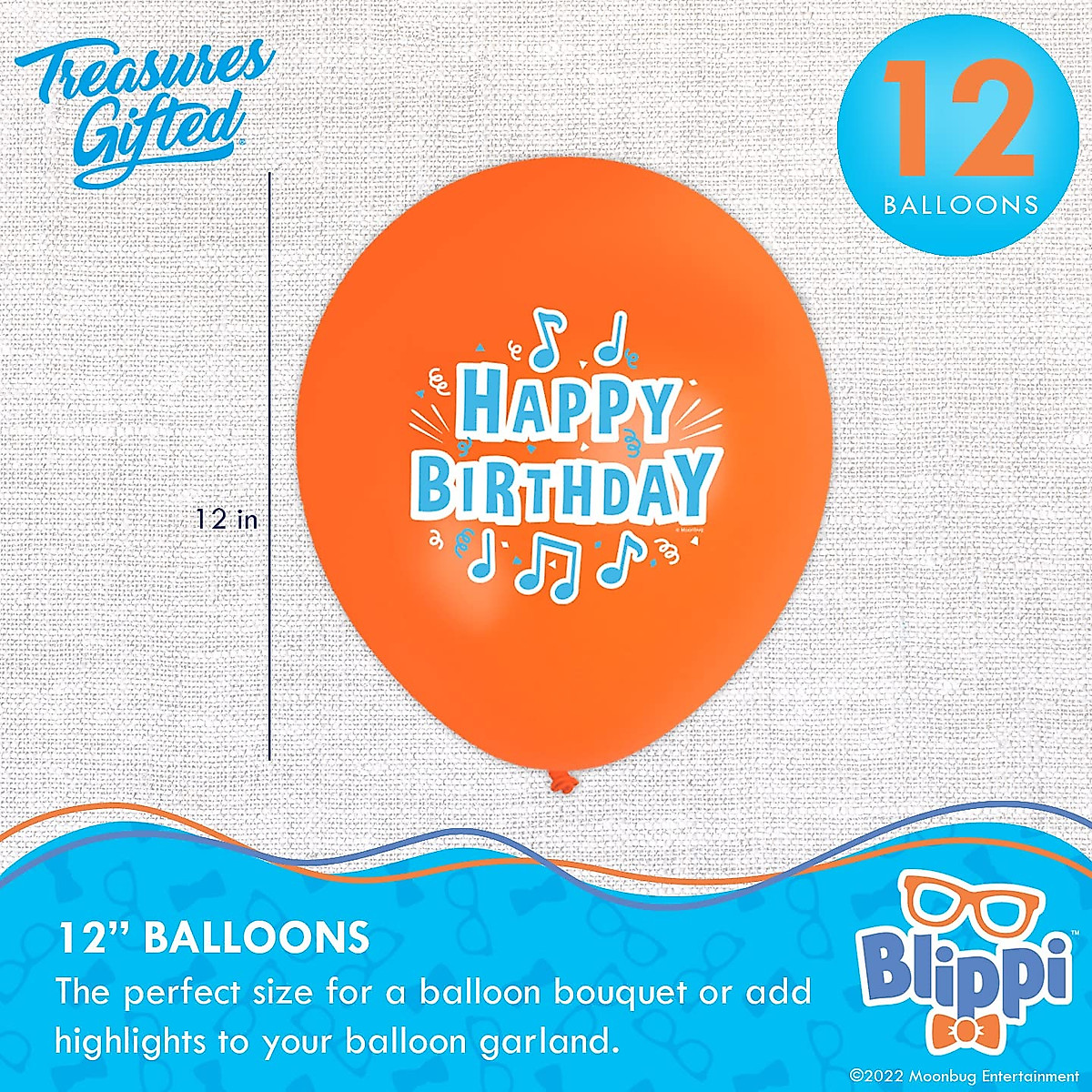 Treasures Gifted Officially Licensed Blippi Birthday Party Supplies - 12 Pack - Blippi Balloon Pack - Latex Blippi Balloons - 12 Inch Blippi Birthday Balloons Blue, Orange, Yellow & White