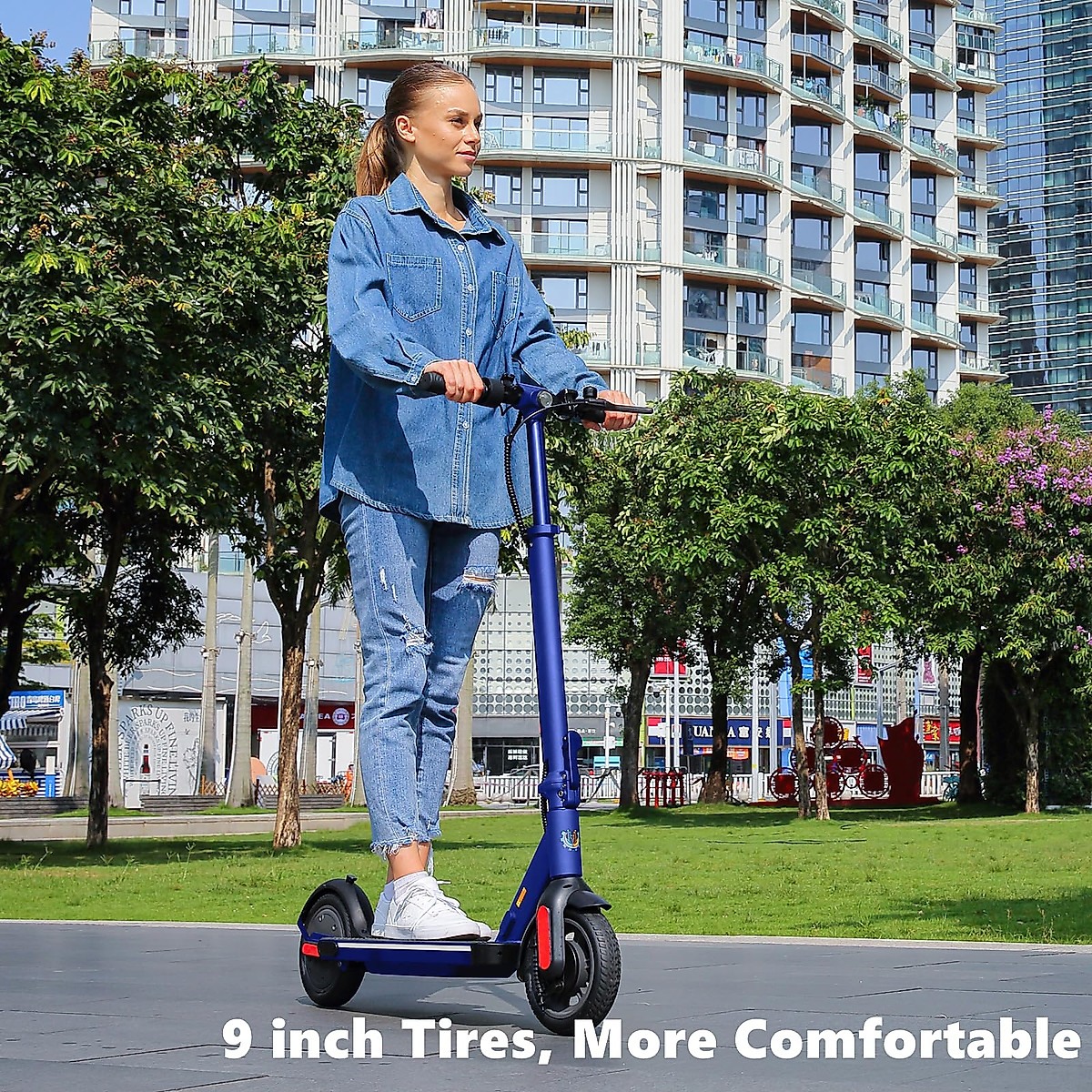 Caroma Electric Scooter 350W Motor, 20 Miles Range & 20 Mph, 9" Solid Tires, Double Braking System, Ambient Light Portable Folding Commute E Scooter for Adults with Rear Suspension & App Control