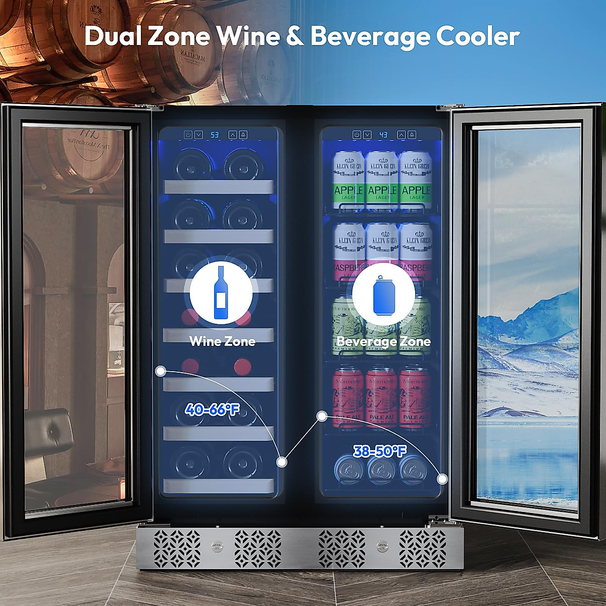 Empava Wine and Beverage Refrigerator Cooler Dual Zone 24 inch, Built-in Counter or Freestanding Fridge with Glass Door and LED Light, 96 Cans and 33 Bottles Capacity, Silver
