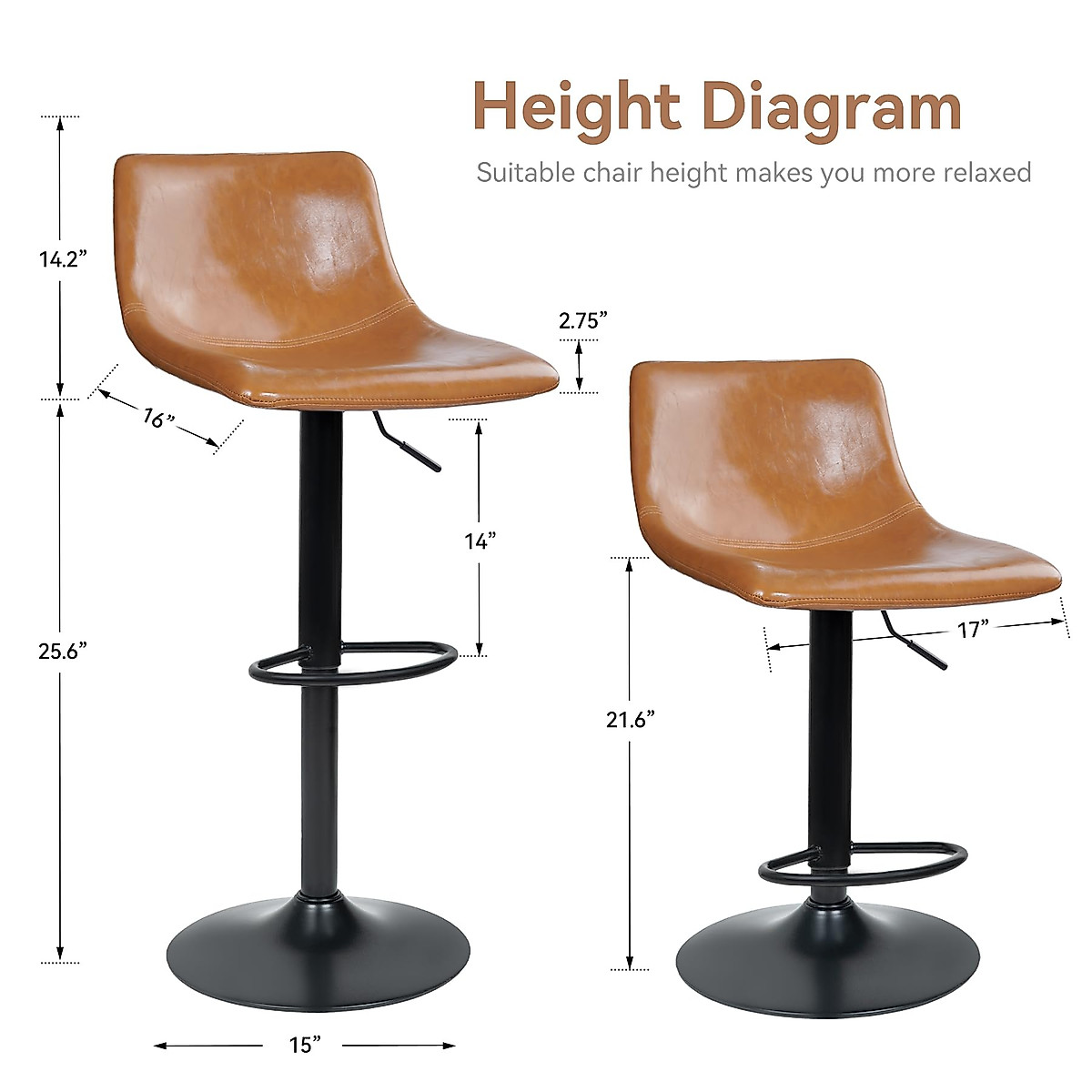 Nalupatio Bar Stools Set of 2, Modern PU Leather Adjustable Swivel Bar Stool, Counter Height Barstools for Home Kitchen Island, Brown