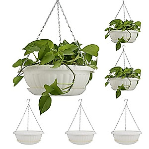 TITATI 6pcs 12.59” Hanging Planters for Outdoor Plants, Indoor Hanging Flower Pots Hanging Plant Holder with Drainage Hole Tray Hooks, Plastic Hanging Plant Baskets for Graden Home Porch White Color