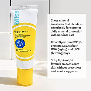 Bliss Block Star Tinted Face Sunscreen SPF 30-1.4 fl oz. - 100% Mineral Broad Spectrum Sunscreen With Zinc Oxide & Titanium Dioxide - Non Greasy Invisible finish