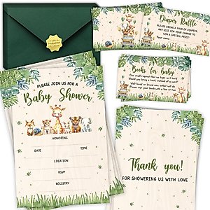 WOODAMORE Woodland Baby Shower Invitations for Boy with Envelopes - Baby Shower Invites for Girl, Safari Books for Baby Cards, Diaper Raffle Tickets for Woodland Animals Baby Shower Decorations