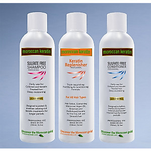 MOROCCAN KERATIN TRIPLE CARE KIT KERATIN REPLENISHER, SULFATE FREE SHAMPOO & CONDITIONER Important To maintain keratin treatments for longer period and great looking hair.
