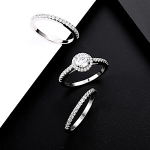 MDFUN Three-in-One Round Halo Wedding Band Set Engagement Ring 18K White Gold Plated Cubic Zirconia Promise Eternity Ring for Women Size 8