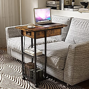 LIDYUK C Shaped End Table with Charging Station, Flip Top Side Table with USB Ports and Outlets, C Table Sofa Table with Storage Shelf for Living Room, Bedroom, Brown