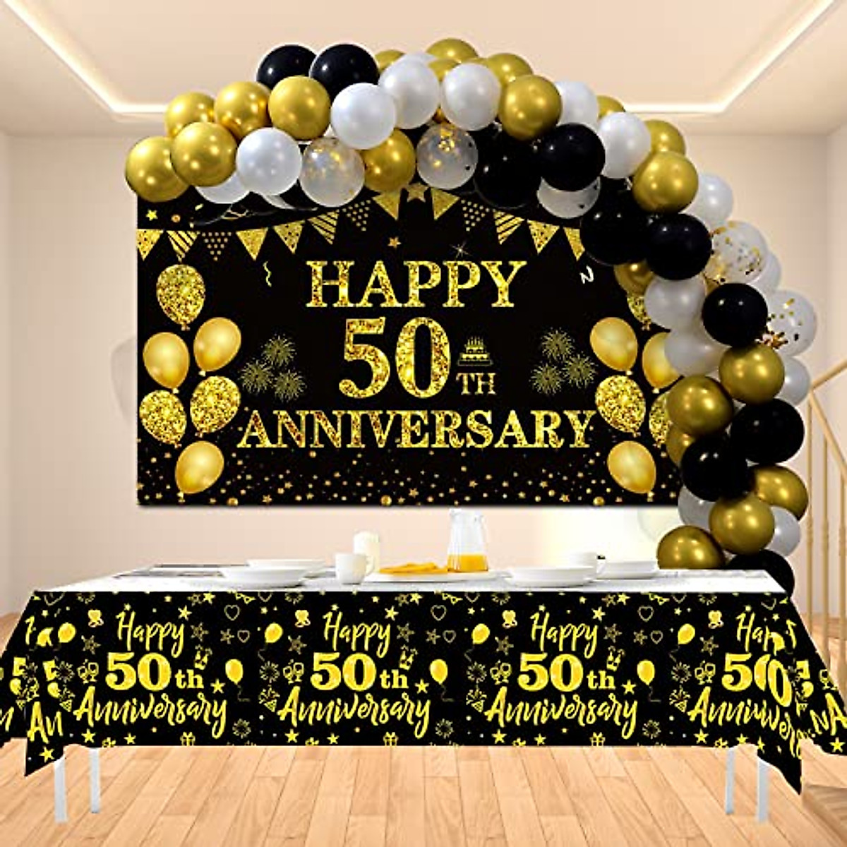 DARUNAXY 50th Wedding Anniversary Decorations, Large Happy 50th Anniversary Banner 70 x 43inch, 50PCS Black Gold Confetti Balloons, 2PCS Tablecloths for Cheer to 50 Year Party Supplies for Men Women