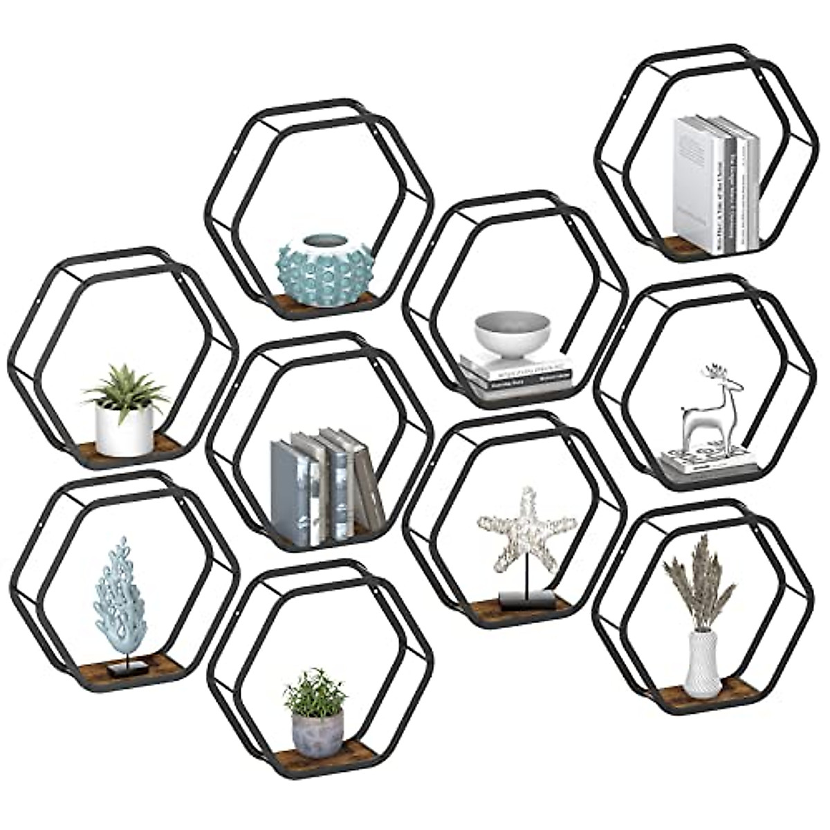 Hexagon Floating Shelves Metal Hexagonal Shelves Wall Mount Honeycomb Storage Shelves Set of 10 Modern Floating Black Display Rack for Wall Decor Geometric Hanging Shelf in Farmhouse Bed/Living Room