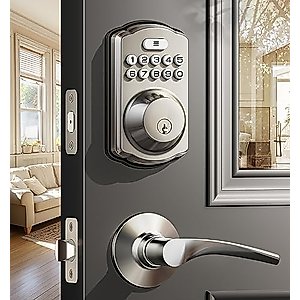 Veise Keyless Entry Door Lock with 2 Lever Handles - Electronic Keypad Deadbolt, Auto Lock, Easy Installation Digital Smart Code Door Lock, Front Door Handle Set, Satin Nickel