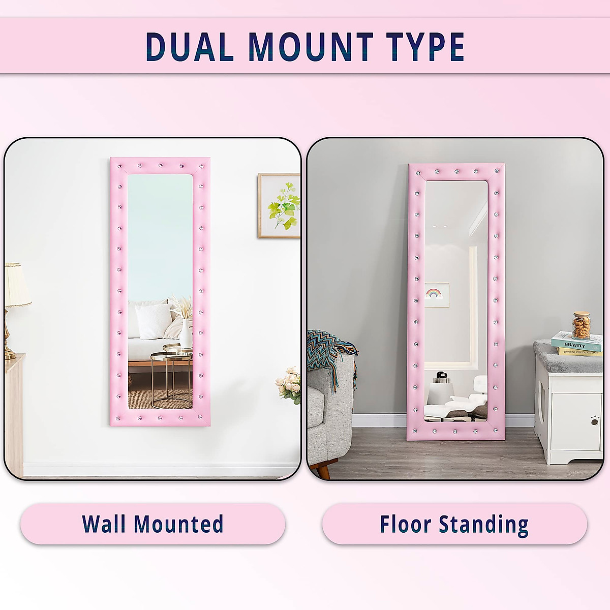 Full Length Mirror with Stand – Burst-Proof, Crystal Tufted Design for Bedroom, Girls Room, and More – Large, Wall Mounted, Floor Length Mirror with Shatterproof Glass and Versatile Mounting - Pink